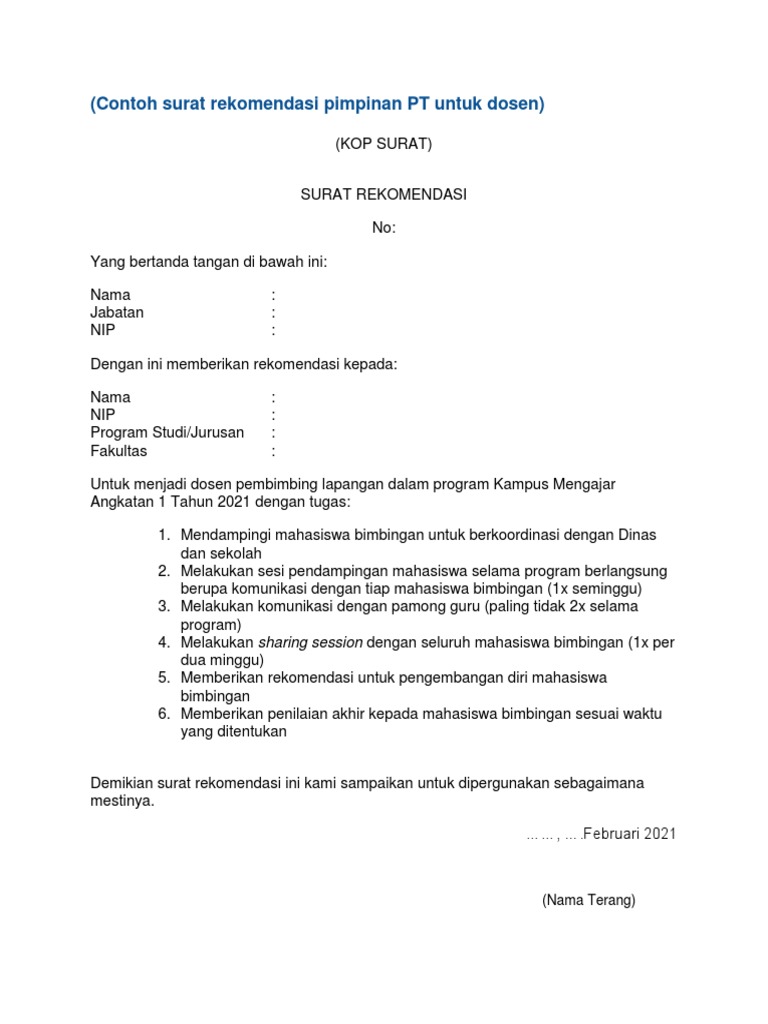 Template Surat Rekomendasi PT (DPL) | PDF