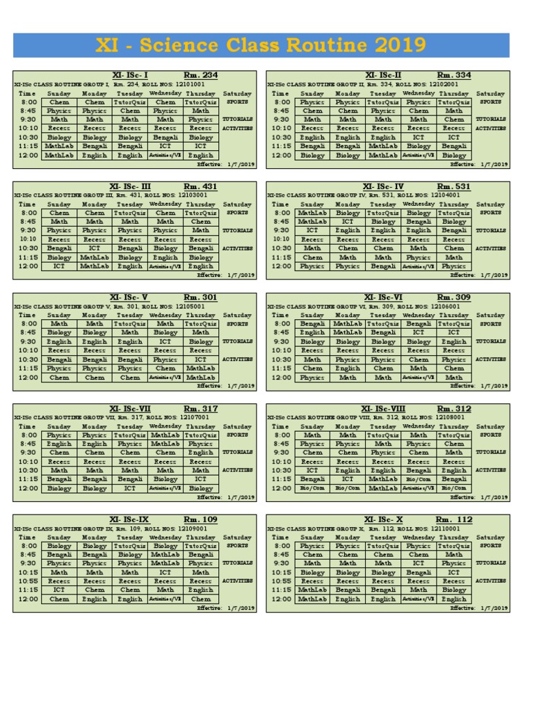 XI - Science Class Routine 2019: Xi-Isc - I Rm. 234 Xi - Isc-Ii Rm. 334 ...