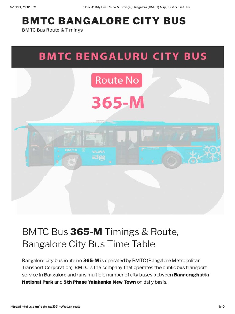 365-M - City Bus Route & Timings, Bangalore (BMTC) Map, First & Last ...