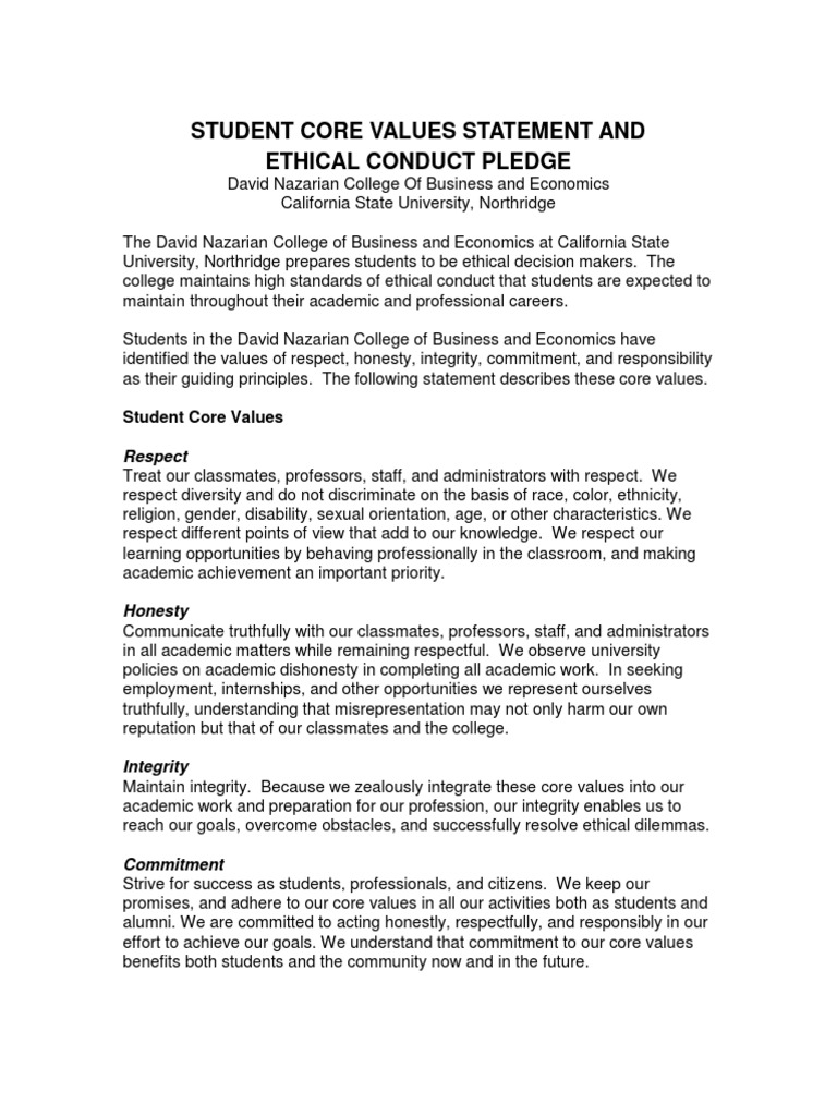 Student Core Values - 0 | PDF | Integrity | Value (Ethics)