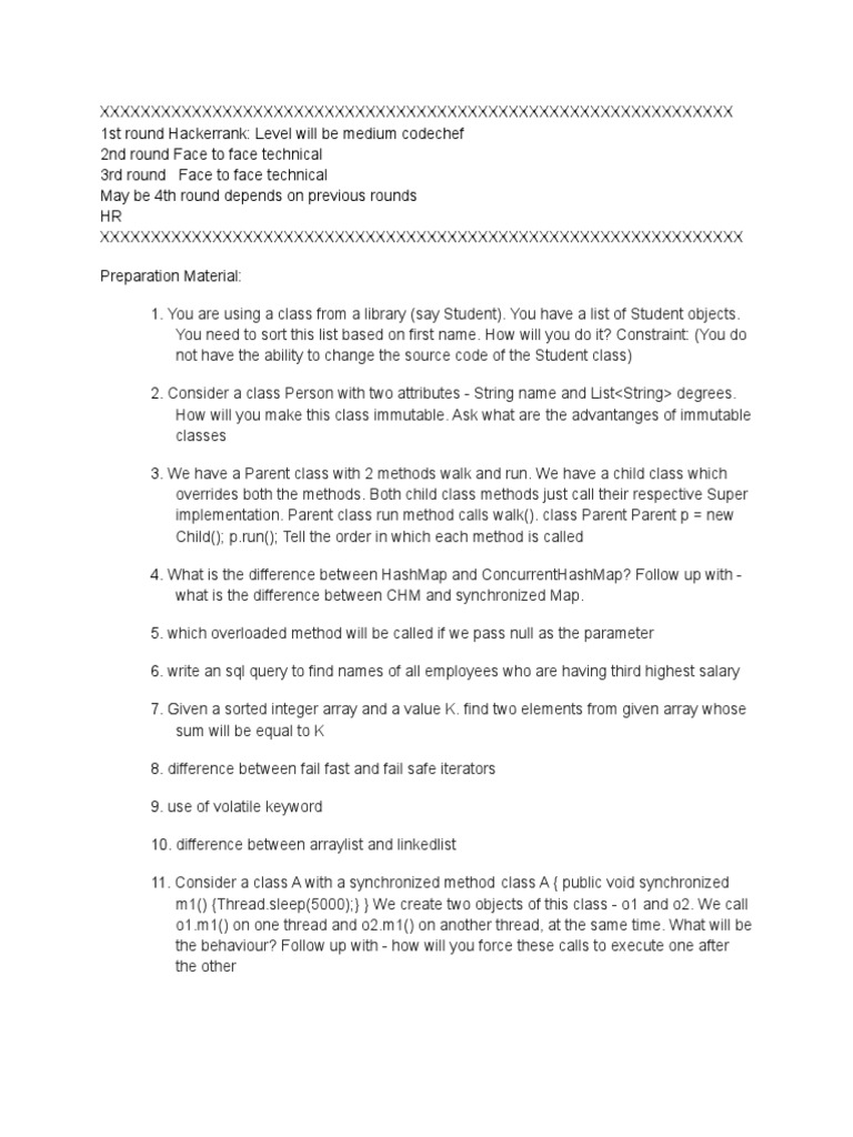 Preparation guide for technical interview rounds including questions on Java core concepts, data ...