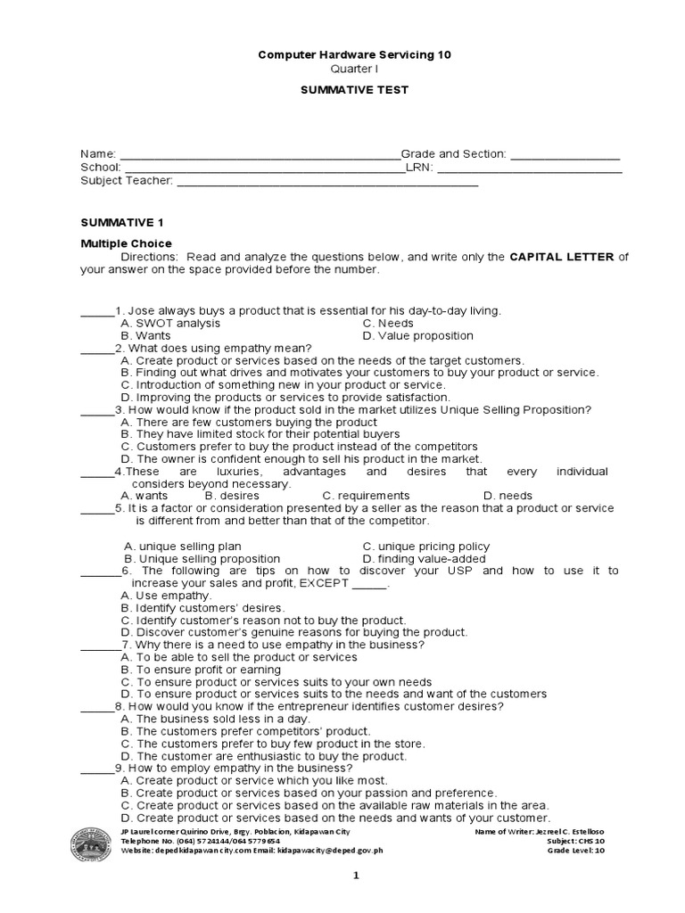 Computer Hardware Servicing 10 Summative Test | PDF | Booting | Sales