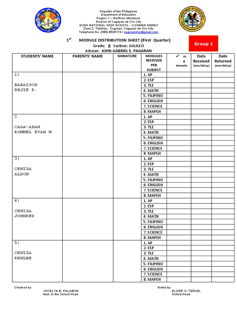 1 Module Distribution Sheet (First Quarter) 9: 1) Babaison Dejie P ...