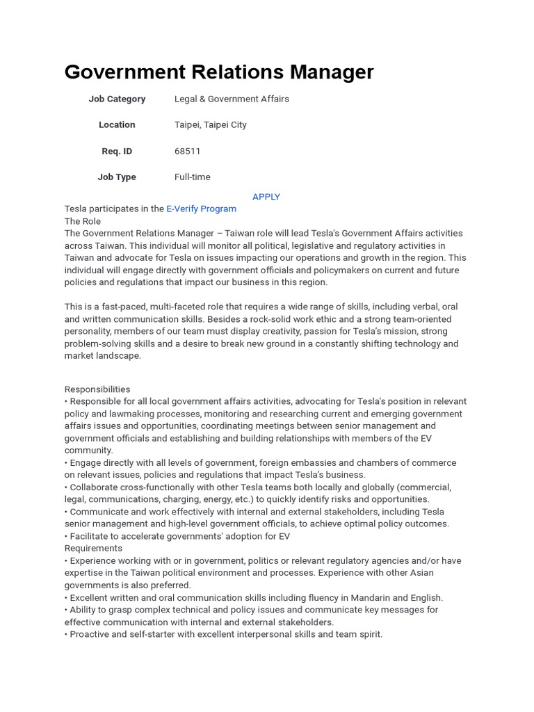Tesla Taiwan Gov Relations Role | PDF | Disability | Communication