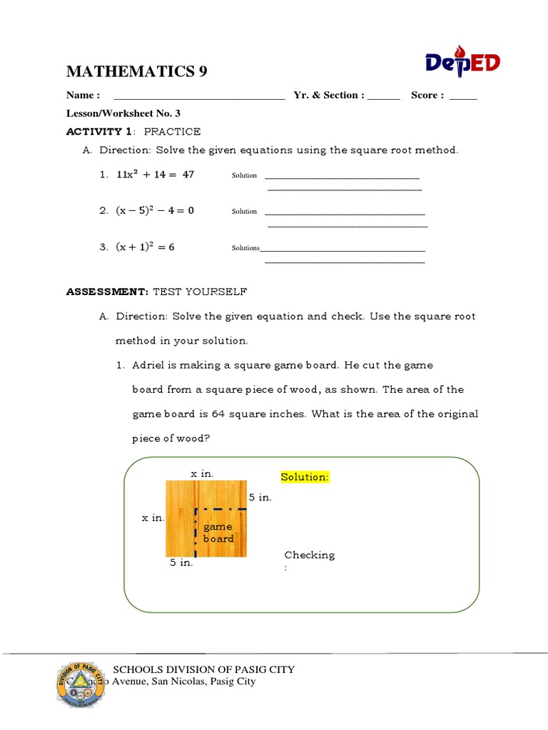 Math 9-Q1-DW3 | PDF | Algebra | Mathematics