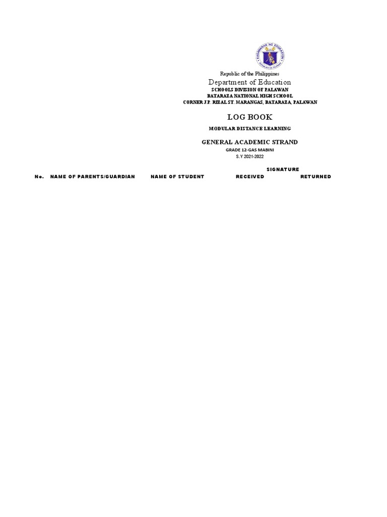 Department of Education: Log Book | PDF