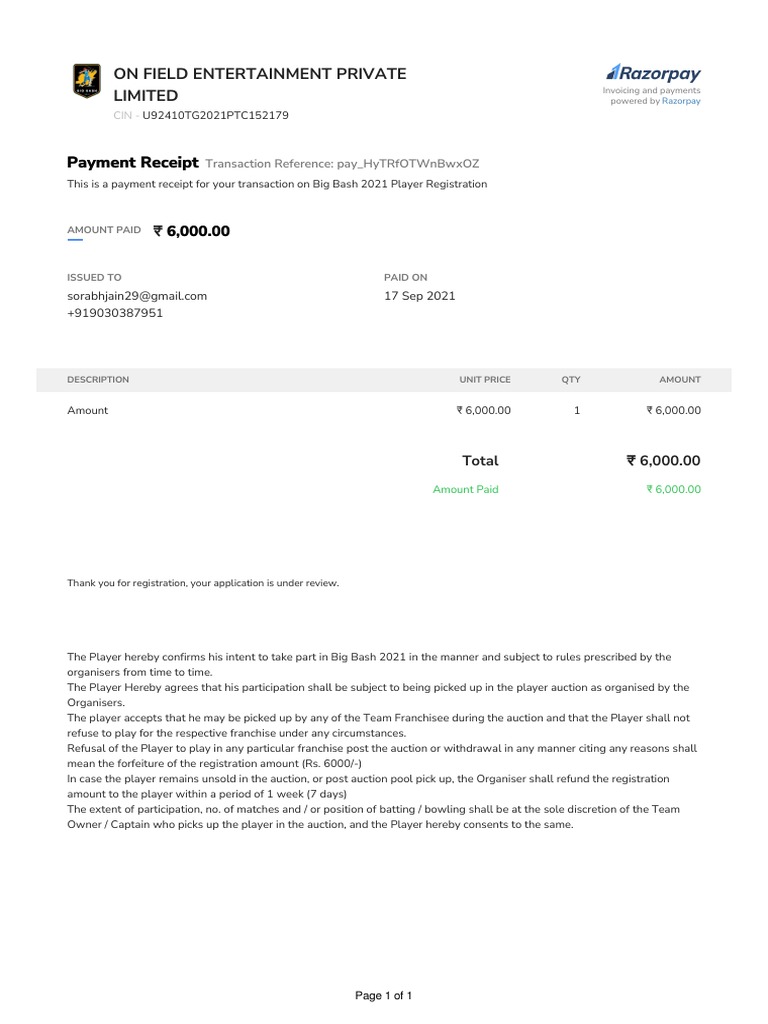 Big Bash 2021 Player Registration Receipt | PDF