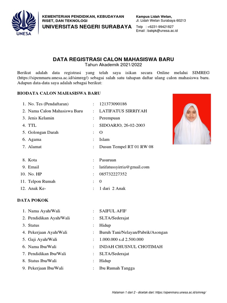 Data Registrasi Maba Unesa | PDF