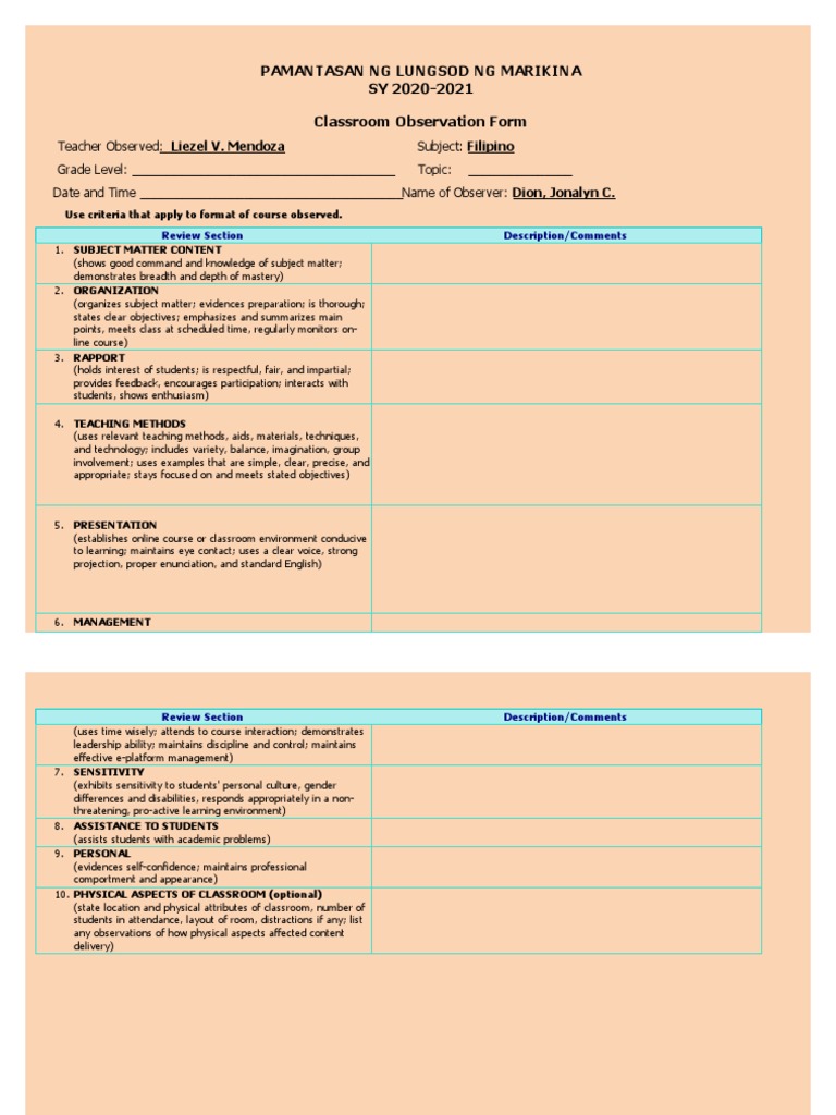 Classroom Observation Form - FS 1 | PDF | Teachers | Classroom
