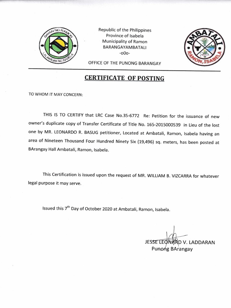 Barangay Certification for Posting | PDF