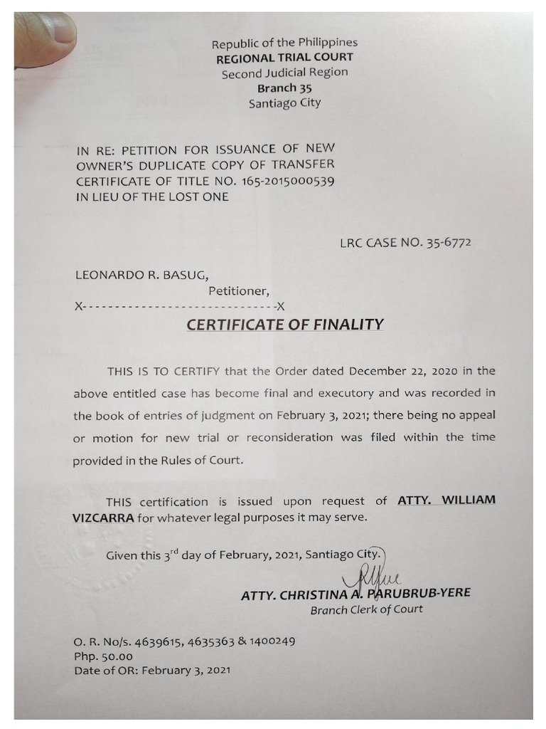 Entry of Judgement and Certificate of Finality | PDF