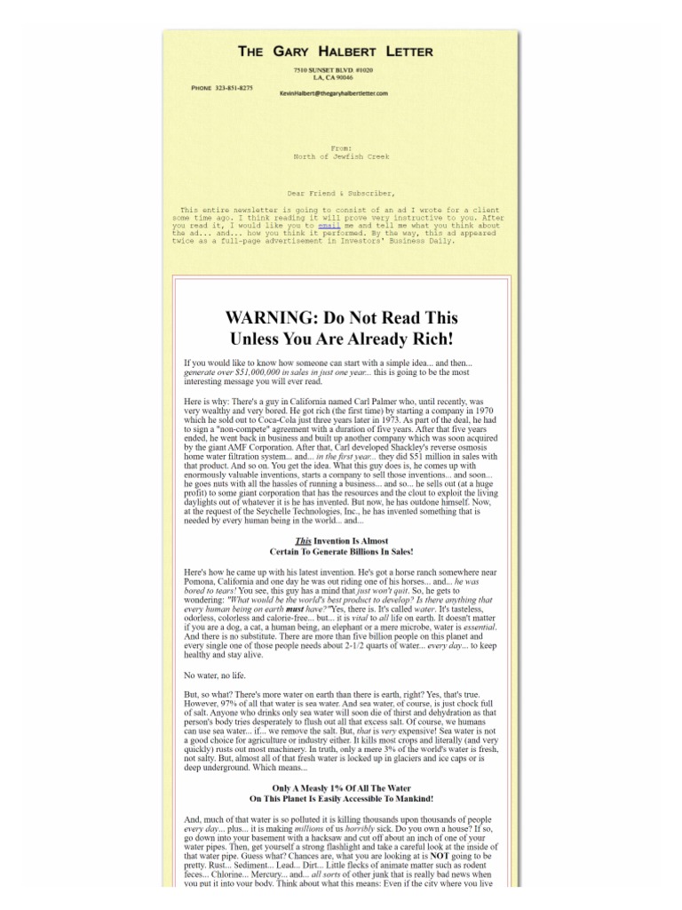 Gary Halbert Water Ad | PDF