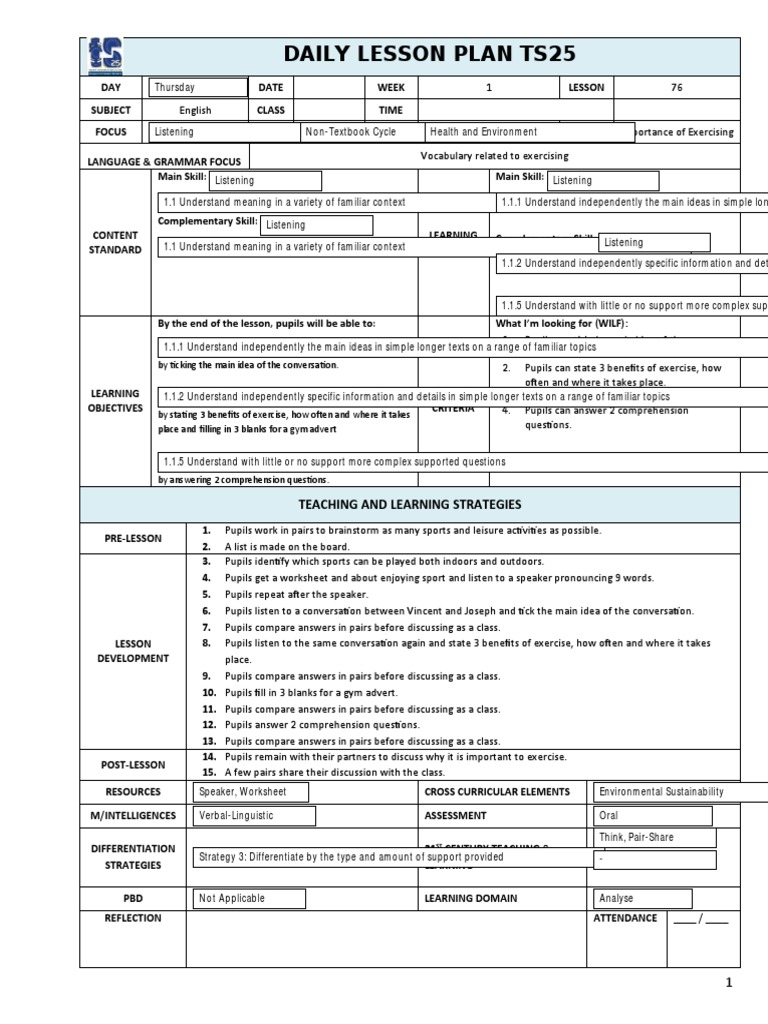 Daily Lesson Plan Ts25: Teaching and Learning Strategies | PDF ...