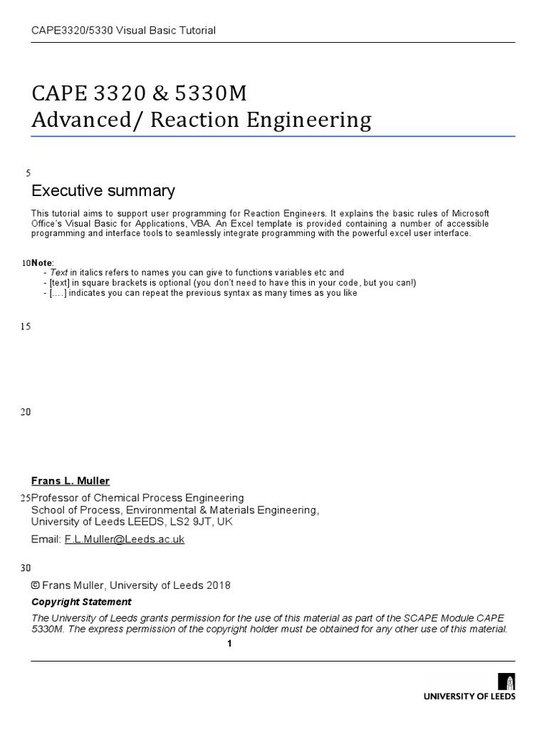 CAPE 3320 & 5330M Advanced/ Reaction Engineering: Executive Summary ...