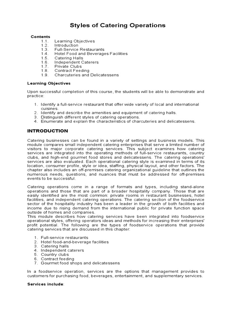 Styles of Catering Operations | PDF | Restaurants | Menu