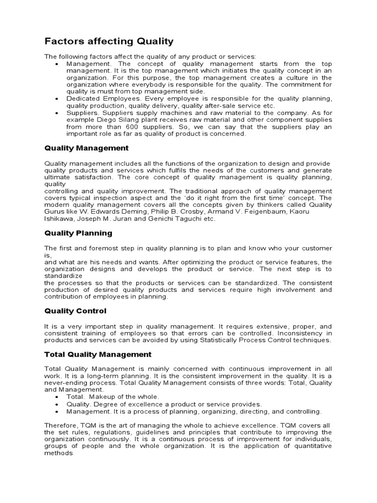 Factors Affecting Quality | PDF | Quality Management | Customer