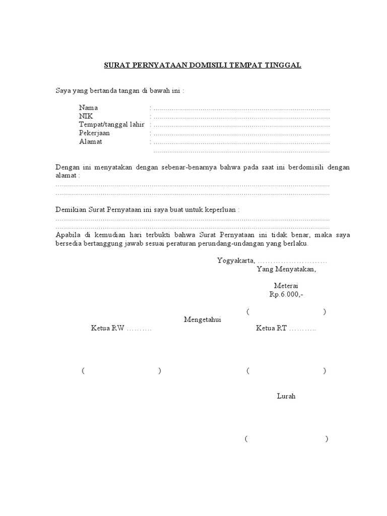 Surat Pernyataan Domisili Tempat Tinggal 2184 | PDF Surat Pernyataan Domisili Tempat Tinggal 2184 | PDF