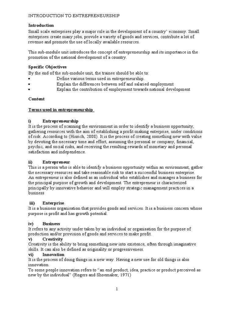 Entrepreneurship Notes For Fourth Years | PDF | Entrepreneurship ...