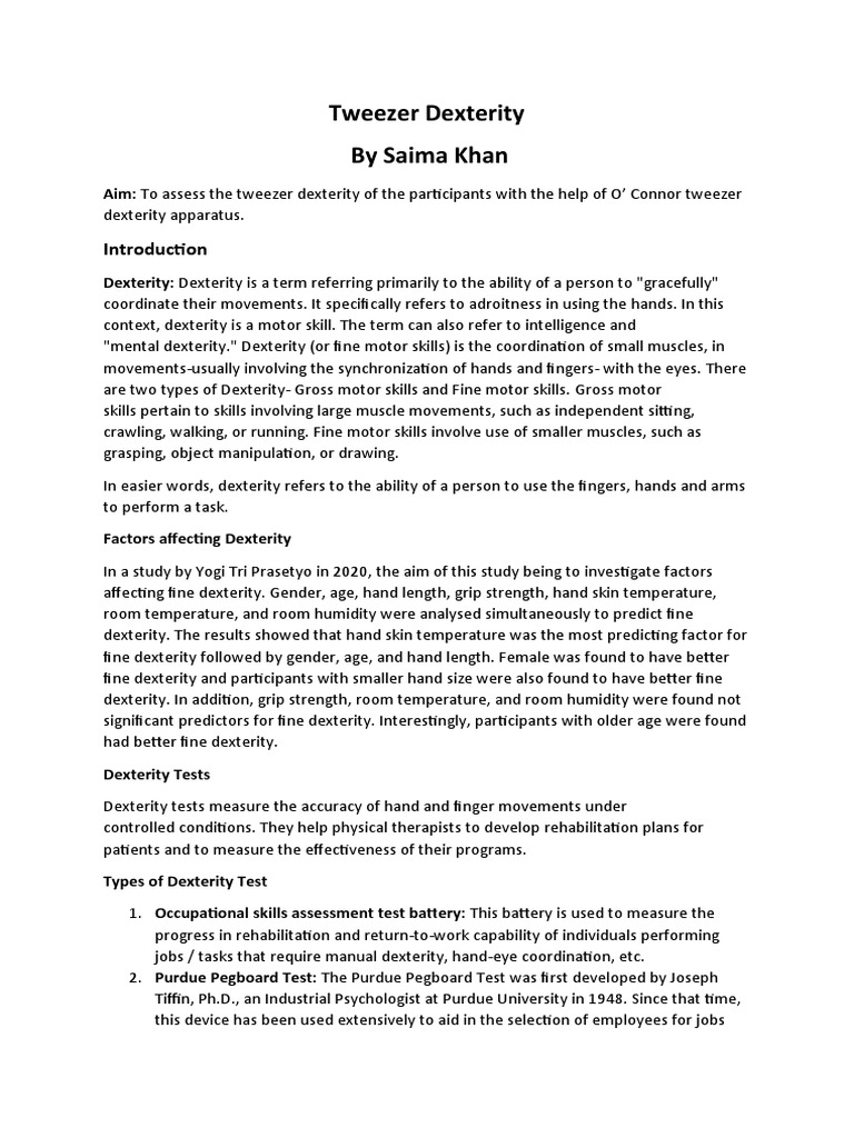 Assessing Fine Motor Skills: An Analysis of Tweezer Dexterity Using the ...