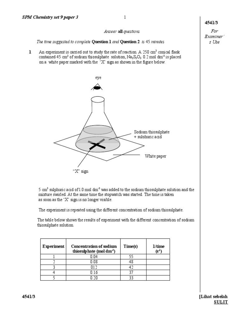 SPM Chemistry Set 9 Paper 3: Answer All Questions The Time Suggested To ...