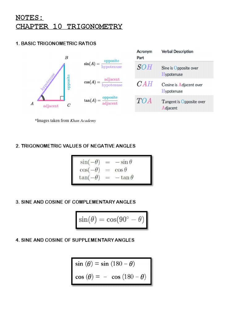 Notes: Chapter 10 Trigonometry: 1. Basic Trigonometric Ratios | PDF