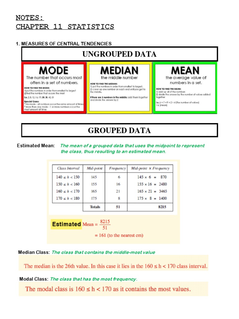 Notes: Chapter 11 Statistics: 1. Measures of Central Tendencies | PDF