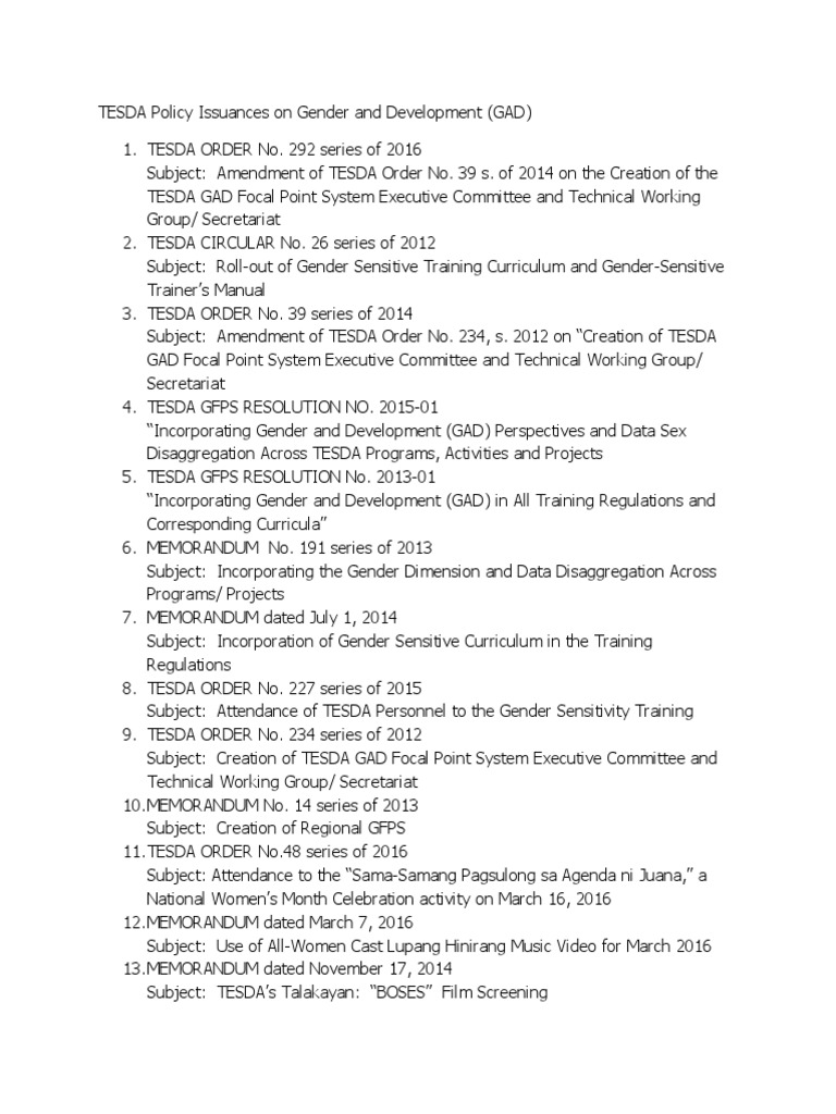 TESDA Policy Issuances On GAD | PDF | Gender Studies | Gender