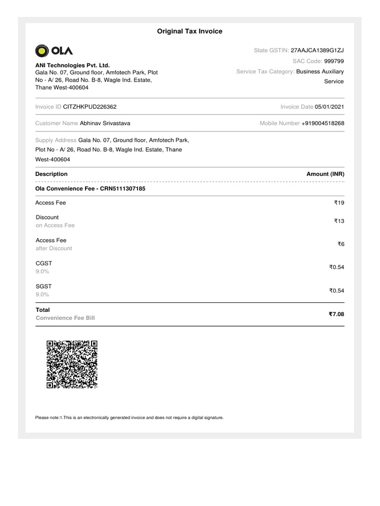 Original Tax Invoice for Ola Convenience Fee | PDF