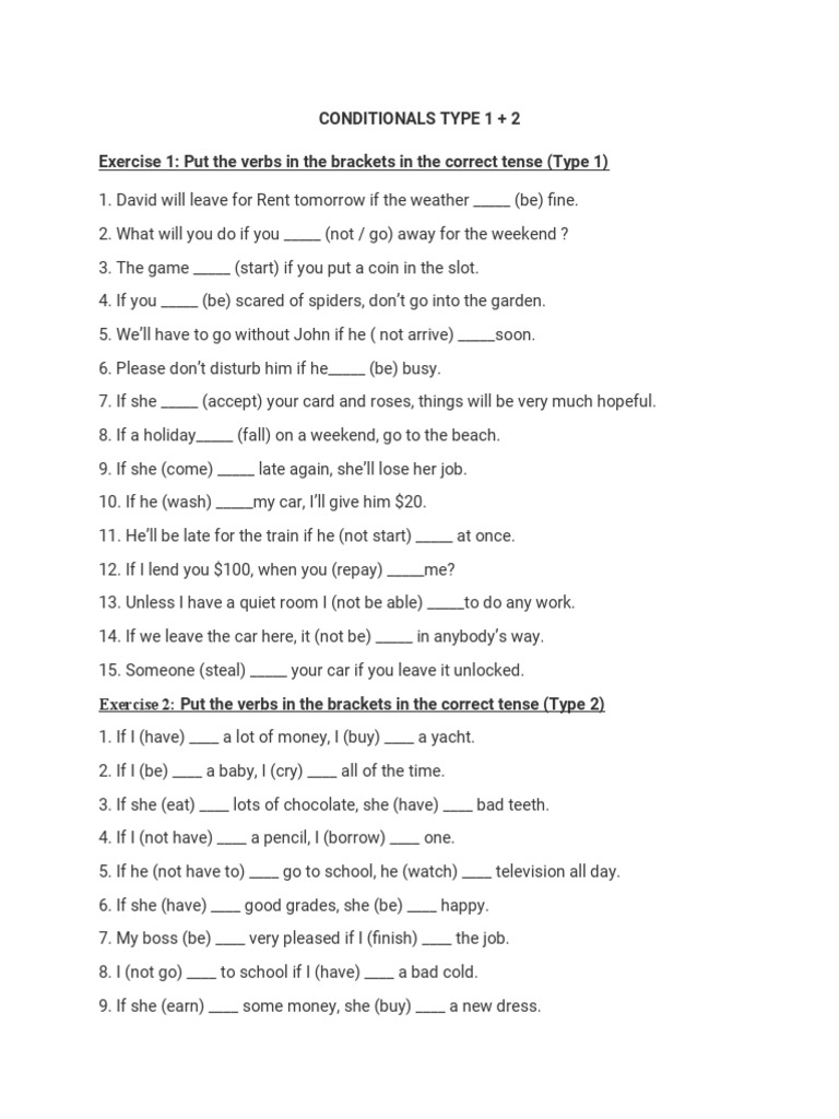 Conditionals Type 1 + 2 (HW 1) | PDF
