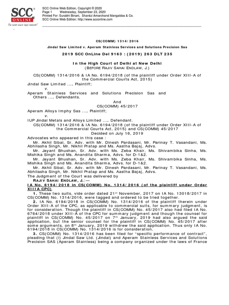 Jindal Saw V Aperam, Paras 27, 28, 62 | PDF | Summary Judgment ...