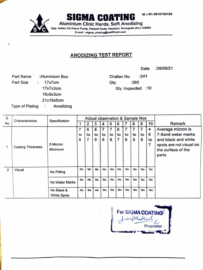 Sigma Coating: Anodizing Test Report | PDF | Chemical Substances | Metals