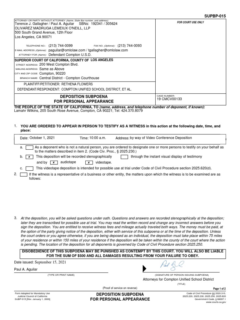 California Deposition Subpoena Form SUBP-015 | PDF | Deposition (Law ...