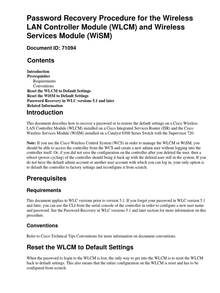 Password Recovery Procedure For The Wireless Lan Controller Module Pdf Booting Command