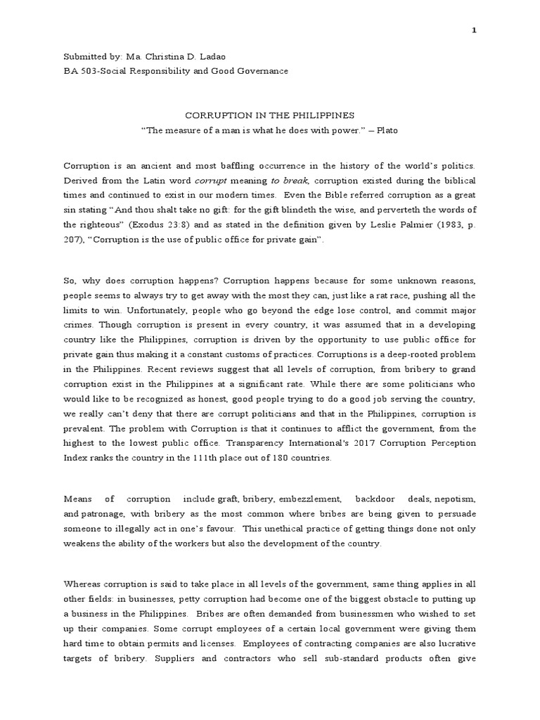 Reaction Paper On Corruption in The Philippines | PDF | Bribery ...