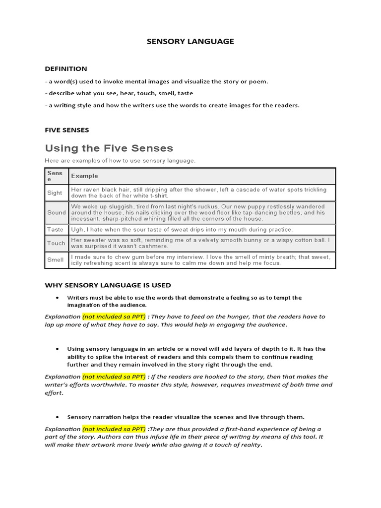 Using The Five Senses: Sensory Language | PDF | Cognition | Subjective ...