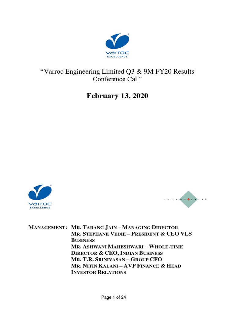 February 13, 2020: "Varroc Engineering Limited Q3 & 9M FY20 Results ...
