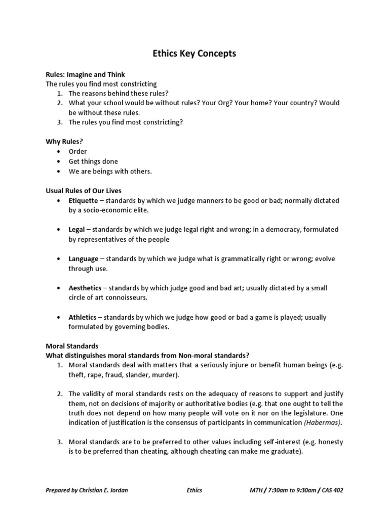 Ethics Key Concepts: Prepared by Christian E. Jordan Ethics MTH / 7 ...
