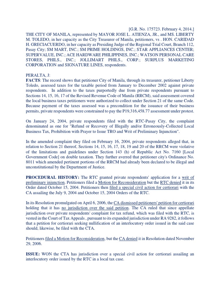 City of Manila vs. Judge Grecia-Cuerdo, Et Al | PDF | Certiorari ...