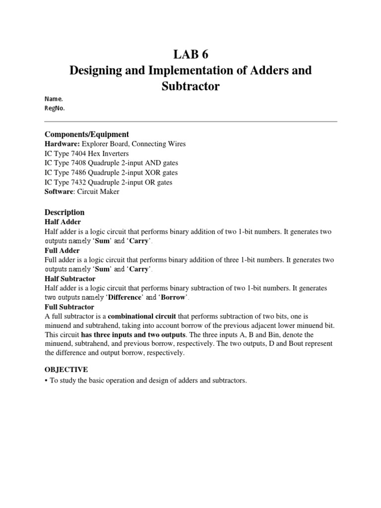 Lab 5 Adders Subtractors | Download Free PDF | Subtraction | Computer Science