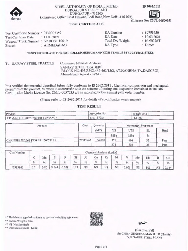 Test Certificate Hot Rolled, Medium High Tensile Steel: Sail | Download ...