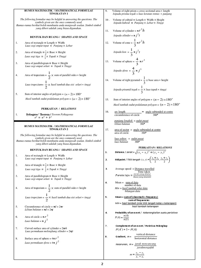 Rumus Matematik / Mathematical Formulae Tingkatan 1 | PDF | Area | Length