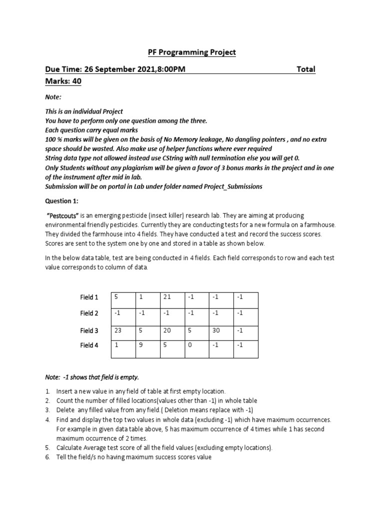 PF Programming Project Due Time: 26 September 2021,8:00Pm Total Marks: 40 | PDF | Array Data ...