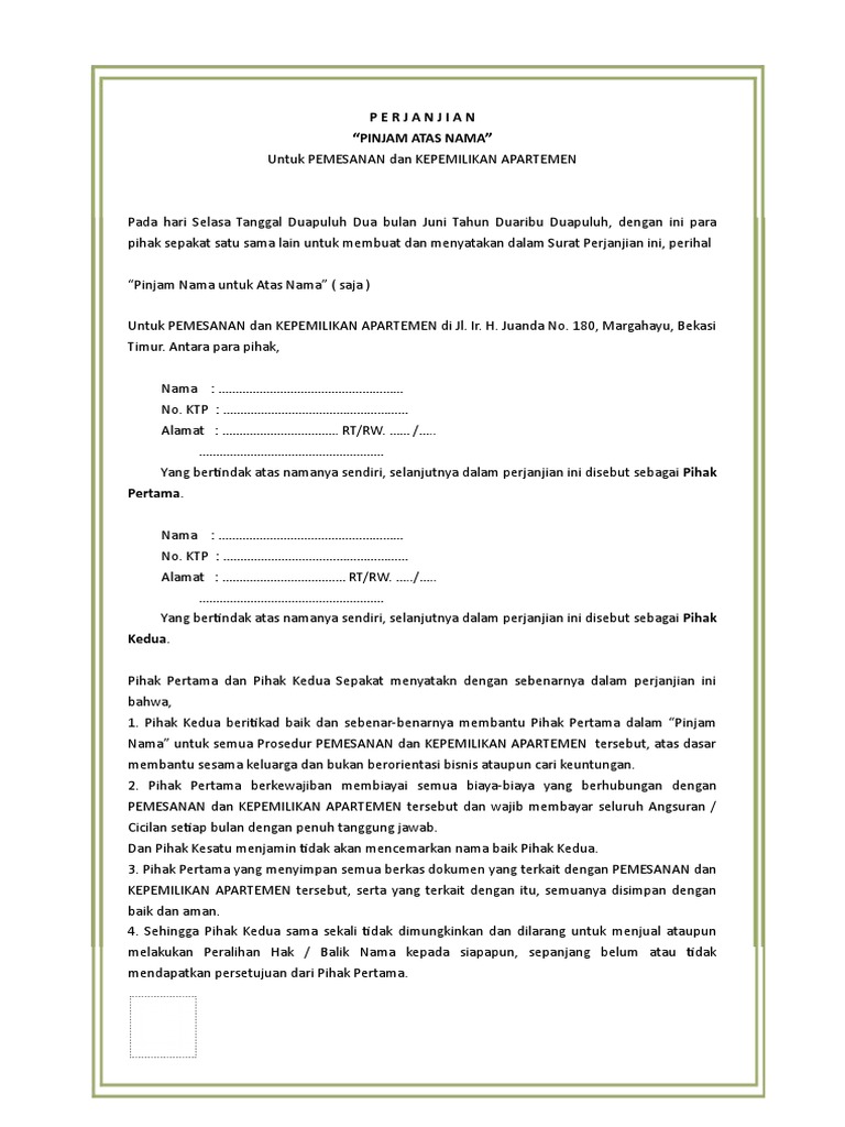 Draft - Surat Perjanjian Pinjam Nama | PDF