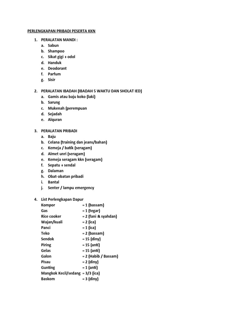 Perlengkapan Pribadi Peserta KKN | PDF