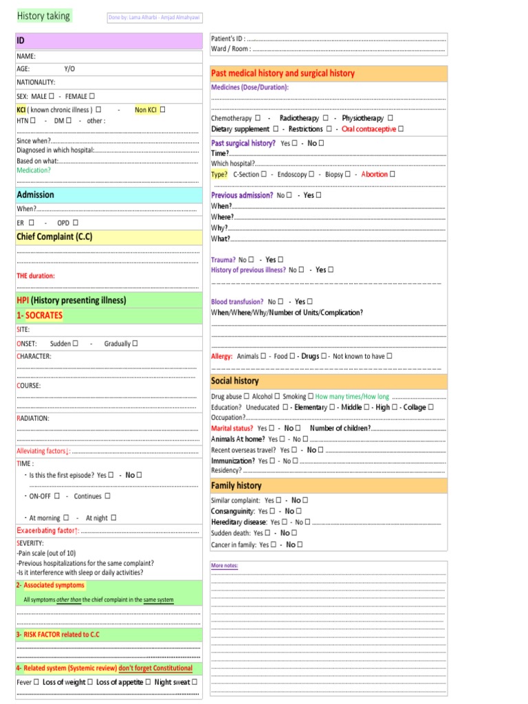 Comprehensive History Taking Template | PDF | Medicine | Diseases And ...