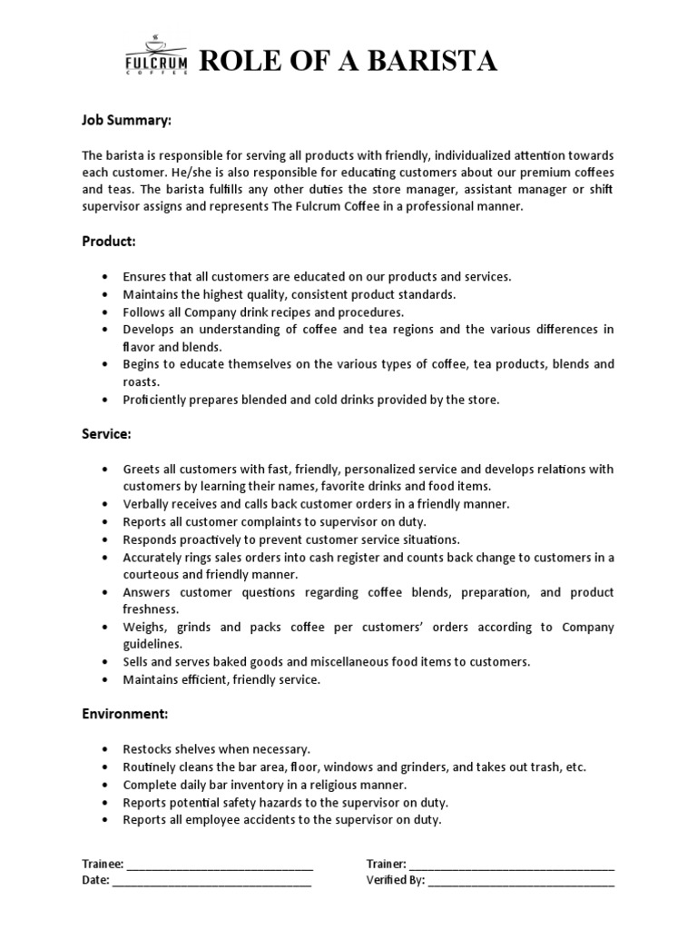 Role of A Barista: Job Summary | Download Free PDF | Coffee | Business