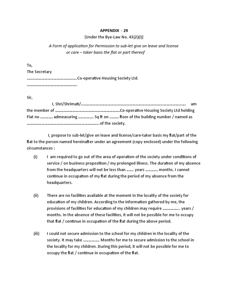 A Form of Application For Permission To Sub-Let Give On Leave and ...