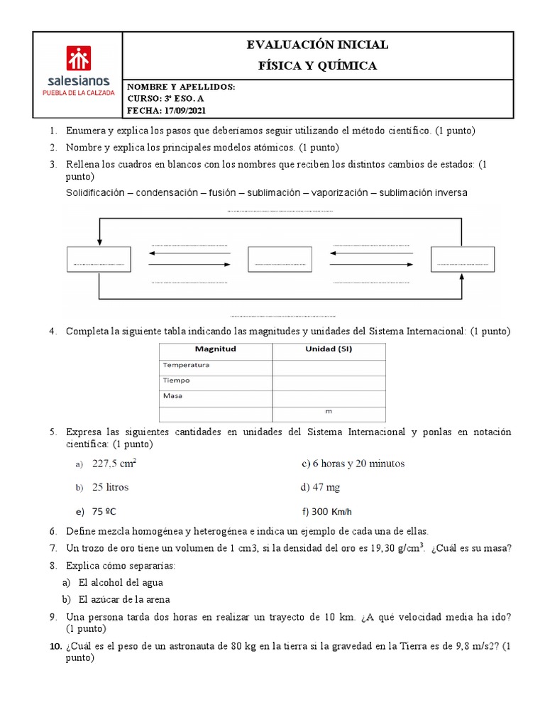 Evaluación Inicial Fyq 3º | PDF