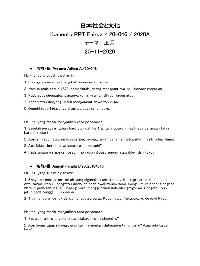 日本社会と文化2020A - Rekap Komento Fairuz | PDF