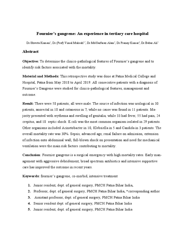 Fournier's Gangrene: An Experience in Tertiary Care Hospital | PDF ...